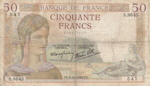 Banknote: 50 Francs (France(1937-1942 Issue) Wor:P-85b.12 💴