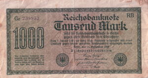Banknote: 1,000 Mark (Germany(1922 3rd Issue - Reichsbanknote, Republic ...