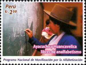 Stamp: Woman writing on blackboard (Peru(National Alphabetisation ...