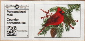 Stamp: Red Cardinal on a Fir Branch (Canada: Personalized Stamps ...