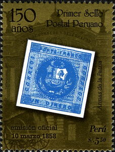 Sello: Third official stamp of Peru (Perú(Peruvian stamps, 150th Anniv ...