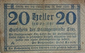 Banknote: 20 Heller (Austrian Notgeld(Linz) Jak:529a-20