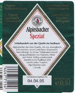 Drink Label: Alpirsbacher Klosterbräu Spezial (Alpirsbacher Klosterbräu, C. Glauner, Germany ...