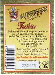 Drink Label: Aufsesser Premium Festbier (Privatbrauerei Rothenbach ...
