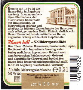 Drink Label: Hasen Hell (Hasen-Bräu, Germany, Federal RepublicCol:DE ...