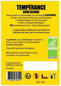 Drink Label: Temperance (Brasserie La Vertueuse, FranceCol:FR-BEER-000393