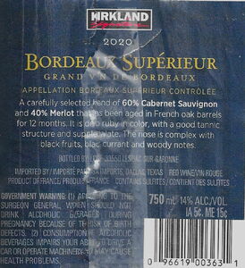 Drink Label: Kirkland Bordeaux Supérieur (S.A.S. L.C.D.R., FranceCol:FR ...
