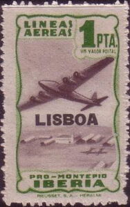 Stamp: Lineas Aereas Iberia. Lisboa Overprint (Portugal: Cinderella ...