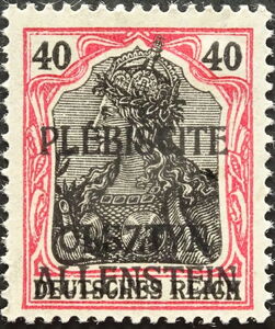 Stamp: "Germania" overprinted OLSZTYN-ALLENSTEIN (Allenstein(German ...