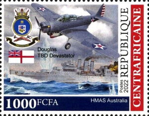 Stamp: HMAS Australia, Douglas TBD Devastator (Central African Republic ...