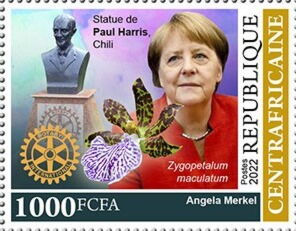 Stamp: Angela Merkel, Statue of Paul Harris (Central African Republic ...