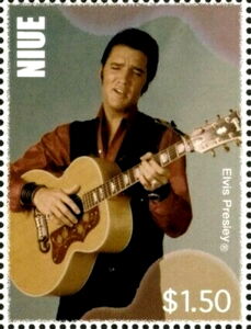 Stamp: Elvis Presley in brown red shirt playing guitar (Niue(50th ...