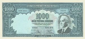 Banknote: 1,000 Turkish Lira (Turkey) (1937-2.Emisyon) Wor:P-139a