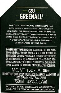 Drink Label: G&J Greenall's London Dry Gin (G&J Greenall's, United ...