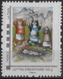 Stamp: Painting of three cats wearing masonic aprons (France ...