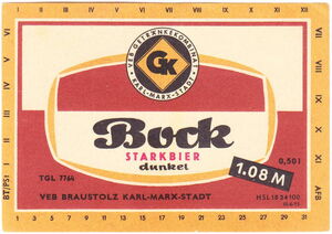 Drink Label: Bock Starkbier dunkel (VEB Braustolz (im GK Karl-Marx ...