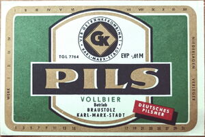 Štítok z nápoja: Pils Vollbier (VEB Getränkekombinat Karl-Marx-Stadt ...