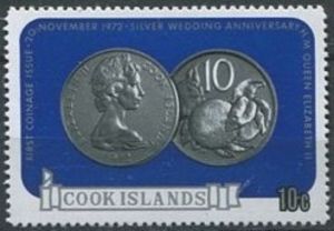 Stamp: Coin - Queen and Oranges (Cook Islands(Silver Wedding Coinage ...