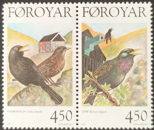 Stamp: Black bird (Turdus Merula), Starling (Sturnus vulgaris) (Faroe ...