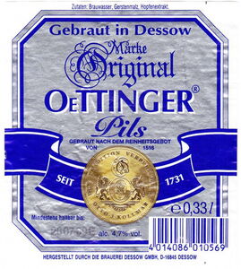 Drink Label: Oettinger Pils (Brauerei Dessow, Germany, Federal ...