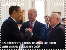 Stamp: Barack Obama & Joe Biden with Mikhail Gorbachev, 2009 (Gambia(In memoriam of Mikhail ...