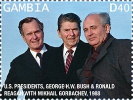 Stamp: George Bush & Ronald Reagan with Mikhail Gorbachev, 1988 (Gambia(In memoriam of Mikhail ...