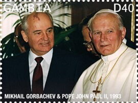 Stamp: Mikhail Gorbachev & Pope John Paul II, 1993 (Gambia(In memoriam ...