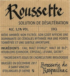 Drink Label: Roussette (Brasserie de Raspailhac, FranceCol:FR-BEER-006052