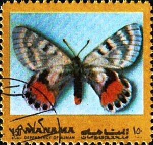 Stamp: Butterfly (Parnassius autocrator) (Manama(Butterflies, gold ...