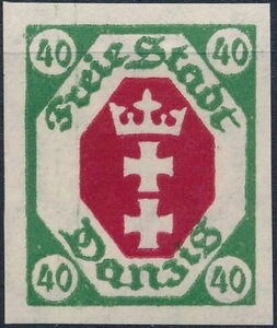 Stamp: The coat of arms of Danzig in an octagonal frame (Free City of ...