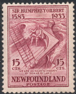 Stamp: Gilbert sitting on the ship "Squirrel" (Newfoundland(350th Anniversary of Annexation by ...