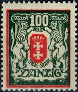Stamp: The coat of arms of Danzig in an octagonal frame (Free City of ...