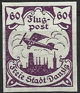 Stamp: Airplane flying over the silhouette of the skyline of Danzig ...