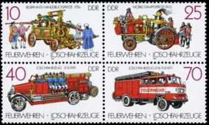 Stamp: Handprint syringe (1756), Steam engine (1903), 2 Fire engine ...