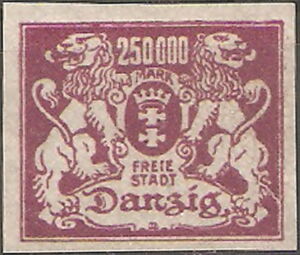 Stamp: The coat of arms of Danzig with lions (Free City of Danzig ...