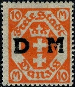 Stamp: The coat of arms of Danzig in an octagonal frame (Free City of ...