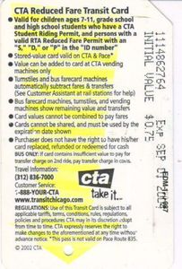 Transport Ticket: Bus - Reduced fare Transit card (CTA-Chicago, United ...