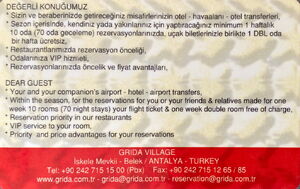 Hotel Card: Grida Village (No Chain, Türkiye (Turkey)Col:TUR-05219