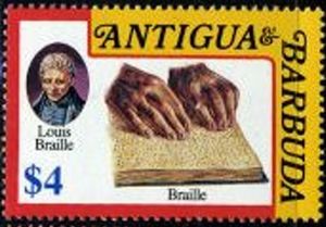Stamp: Louis Braille and Hands Reading Braille (Antigua and Barbuda ...