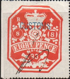 Stamp: Embossed Revenue ovpt. CUSTOMS, 8d B (United Kingdom: Revenue ...