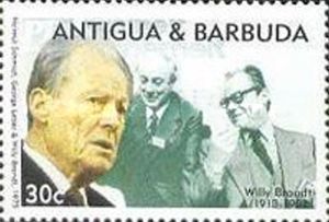 Stamp: Willie Brant with Helmut Schmidt and George Leber (Antigua and ...