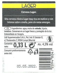 Drink Label: Eureka Langer (Cerveza Crafted For Lidl, SpainCol:ES-BEER ...