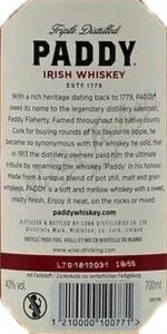 Drink Label: Paddy Irish Whiskey (Midleton Distillery, IrelandCol:IE ...