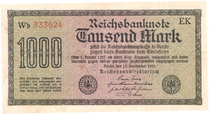 Banknote: 1,000 Mark (Germany(1922 3rd Issue - Reichsbanknote, Republic ...