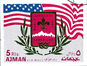 Stamp: Emblem, Flag of the USA (Ajman(12th World Scout Jamboree ...