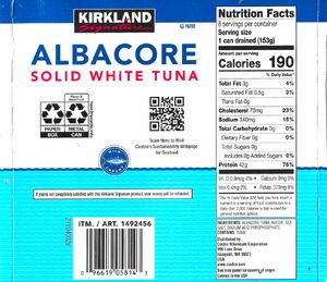 Food Label: Albacore Solid White Tuna Wild Caught in Water (Costco ...