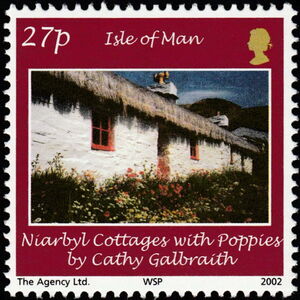 Stamp: Niarbyl Cottages with Poppies by Cathy Galbraith (Isle of Man ...