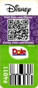Fruit Sticker: Visit Dole,com/Disney QR Code (Costa Rica(Dole & Disney ...