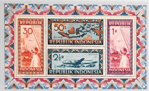 Stamp: Map of Indonesia, ships and airplane (Indonesia(Vienna Printings ...