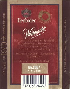 Drink Label: Herforder Weihnacht (Herforder Brauerei GmbH & Co. KG ...